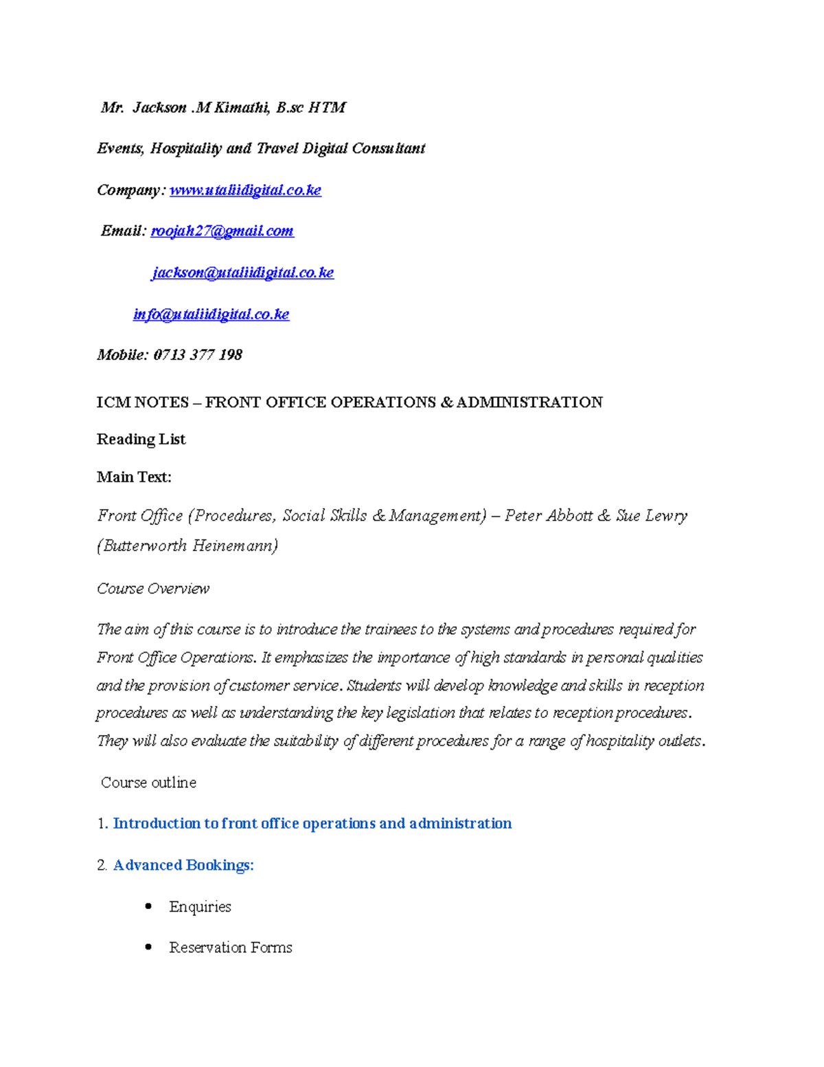 Front Office Notes-rifkins original notes - Mr. Jackson .M Kimathi, B ...