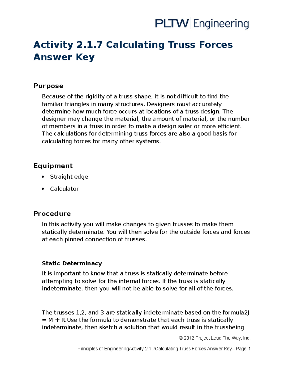 2.1.7 - Assignment - Activity 2.1 Calculating Truss Forces Answer Key Purpose Because of the ...