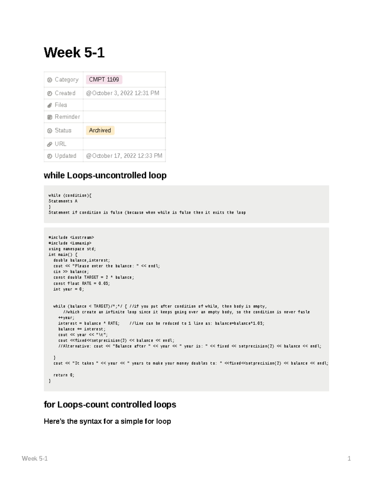 Week 5-1 - Week 5-1 - Week 5- Category CMPT 1109 Created Files Reminder Status Archived URL ...