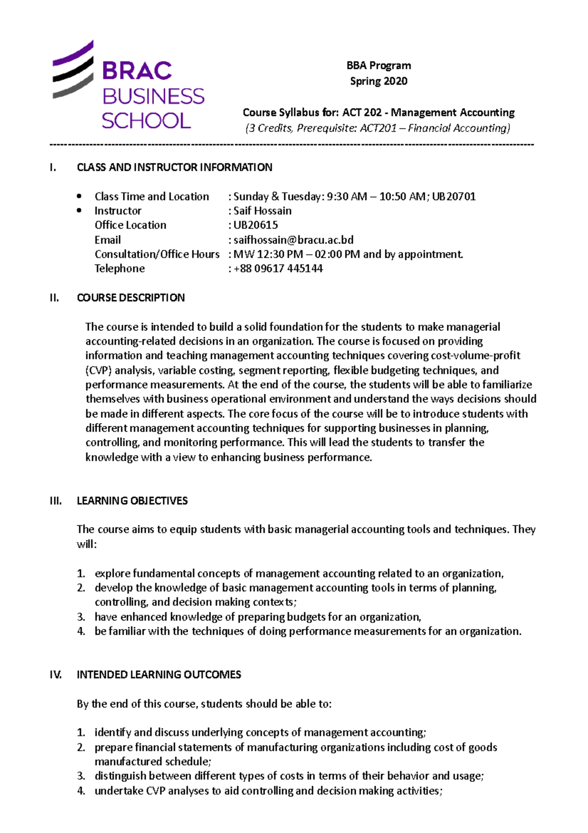 ACT202-Management Accounting - BBA Program Spring 2020 Course Syllabus ...
