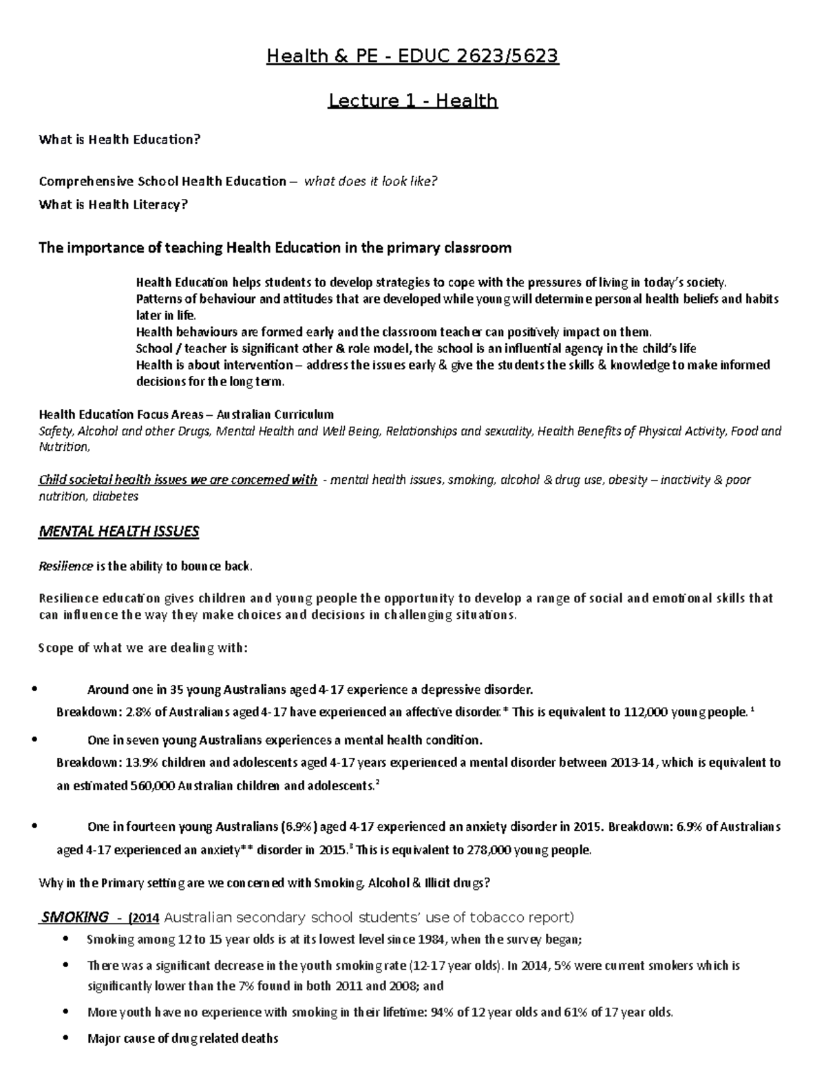 Lecture 1 Student Notes 2020 - Health & PE - EDUC 2623/ Lecture 1 ...