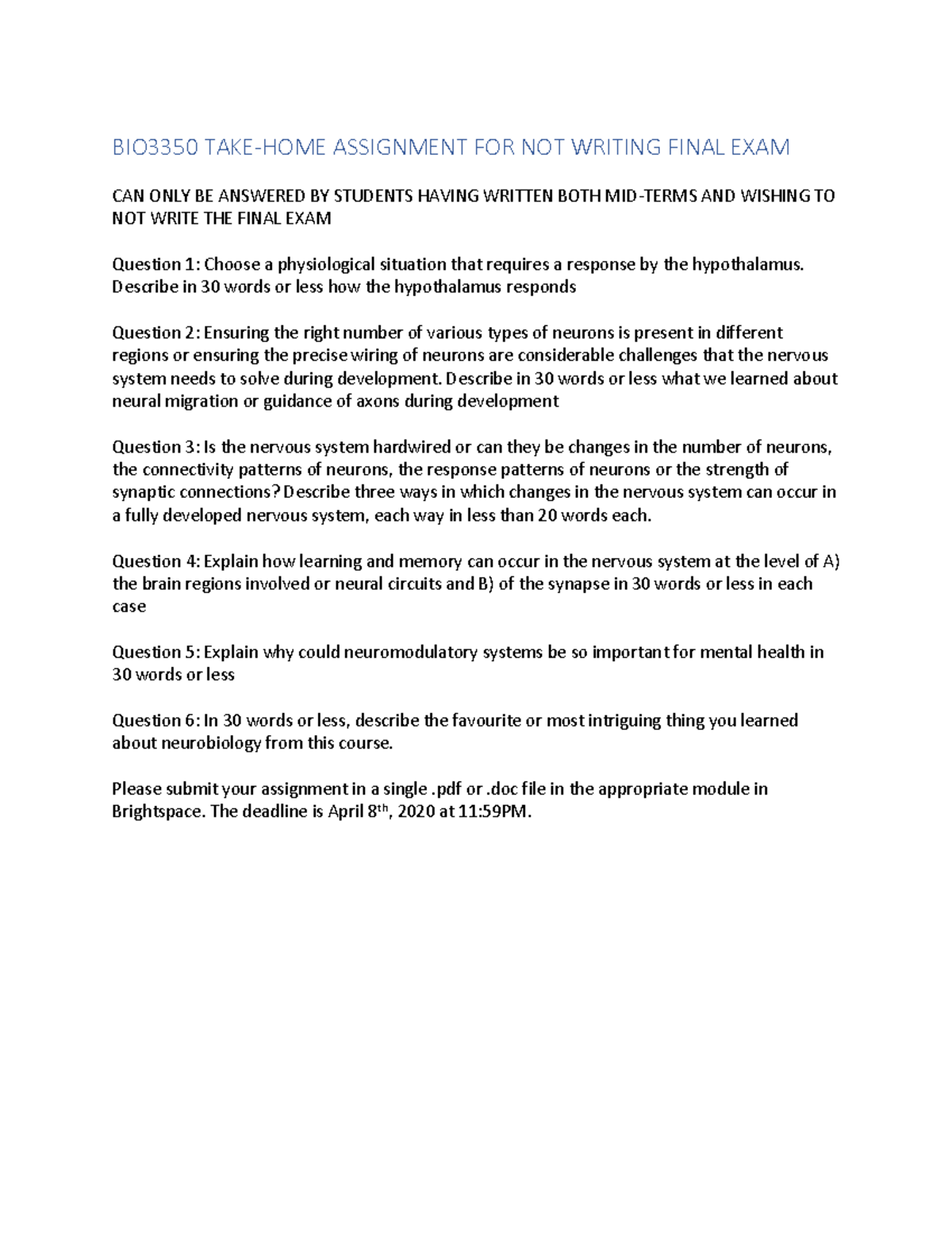 BIO3350 TAKE-HOME Assignment - BIO3350 TAKE-HOME ASSIGNMENT FOR NOT ...