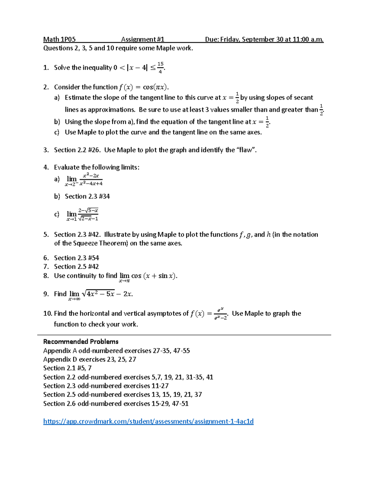 1P05a1fw22 - ASSIGMENT 1 - Math 1P05 Assignment #1 Due: Friday ...