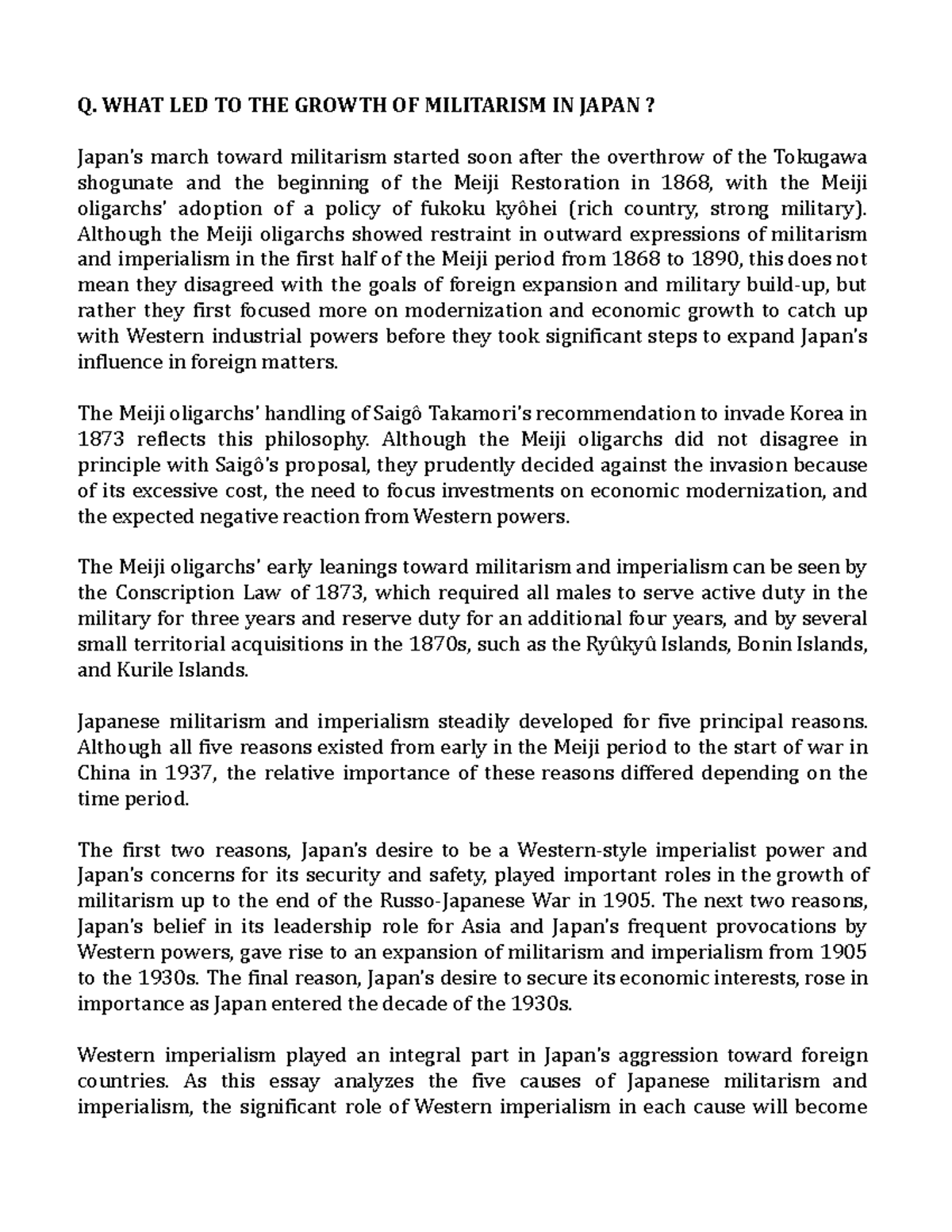Japanese Militarism - Q. WHAT LED TO THE GROWTH OF MILITARISM IN JAPAN ...