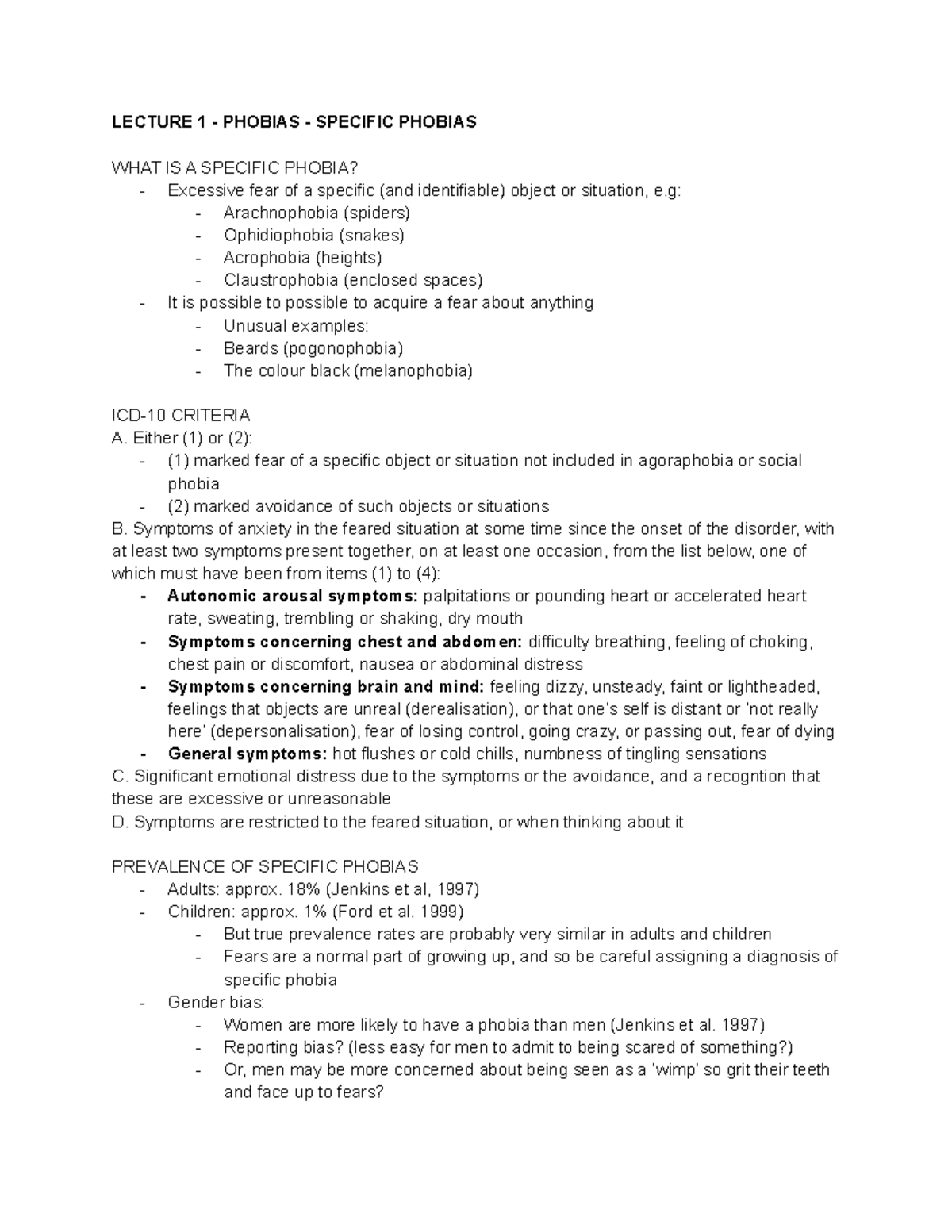 Lectures (6) - applying psych - LECTURE 1 - PHOBIAS - SPECIFIC PHOBIAS ...