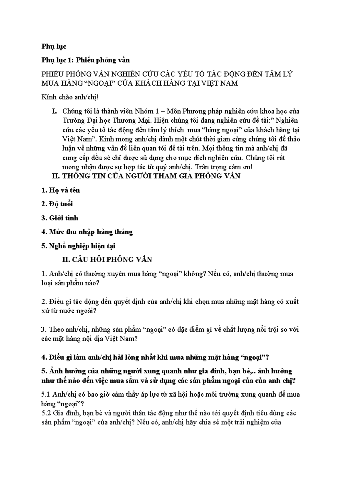 Phụ lục - phụ lục - Phụ lục Phụ lục 1: Phiếu phỏng vấn PHIẾU PHỎNG VẤN ...