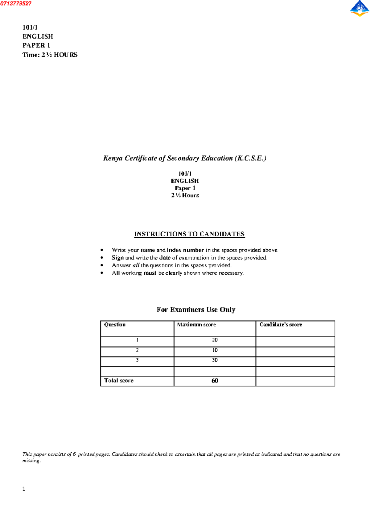 ENG PP1 F4 - USEFUL - 101 / ENGLISH PAPER 1 Time: 2 ½ HOURS Kenya ...