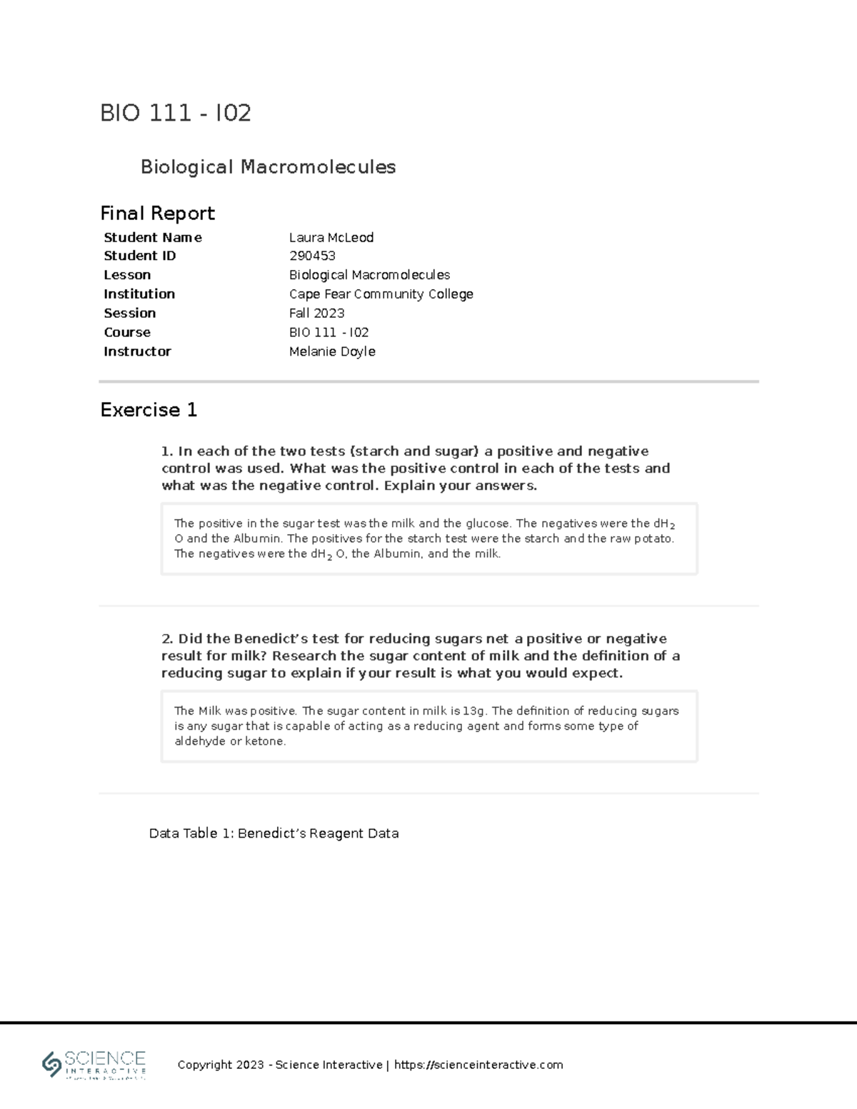 BIO 111 (I02) Biological Macromolecules - Student Name Student ID Laura ...