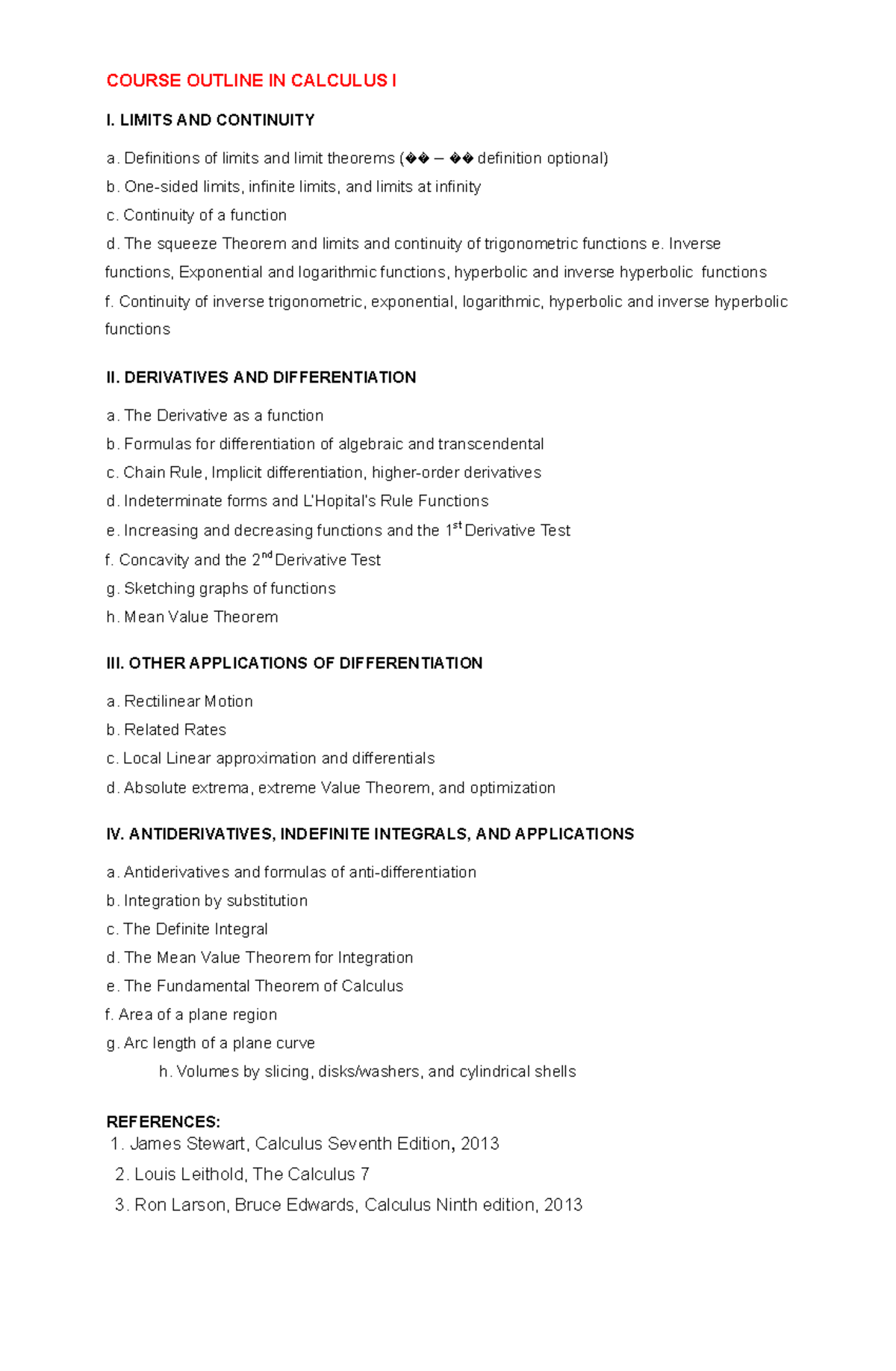 Course Outline IN Calculus I - COURSE OUTLINE IN CALCULUS I I. LIMITS ...