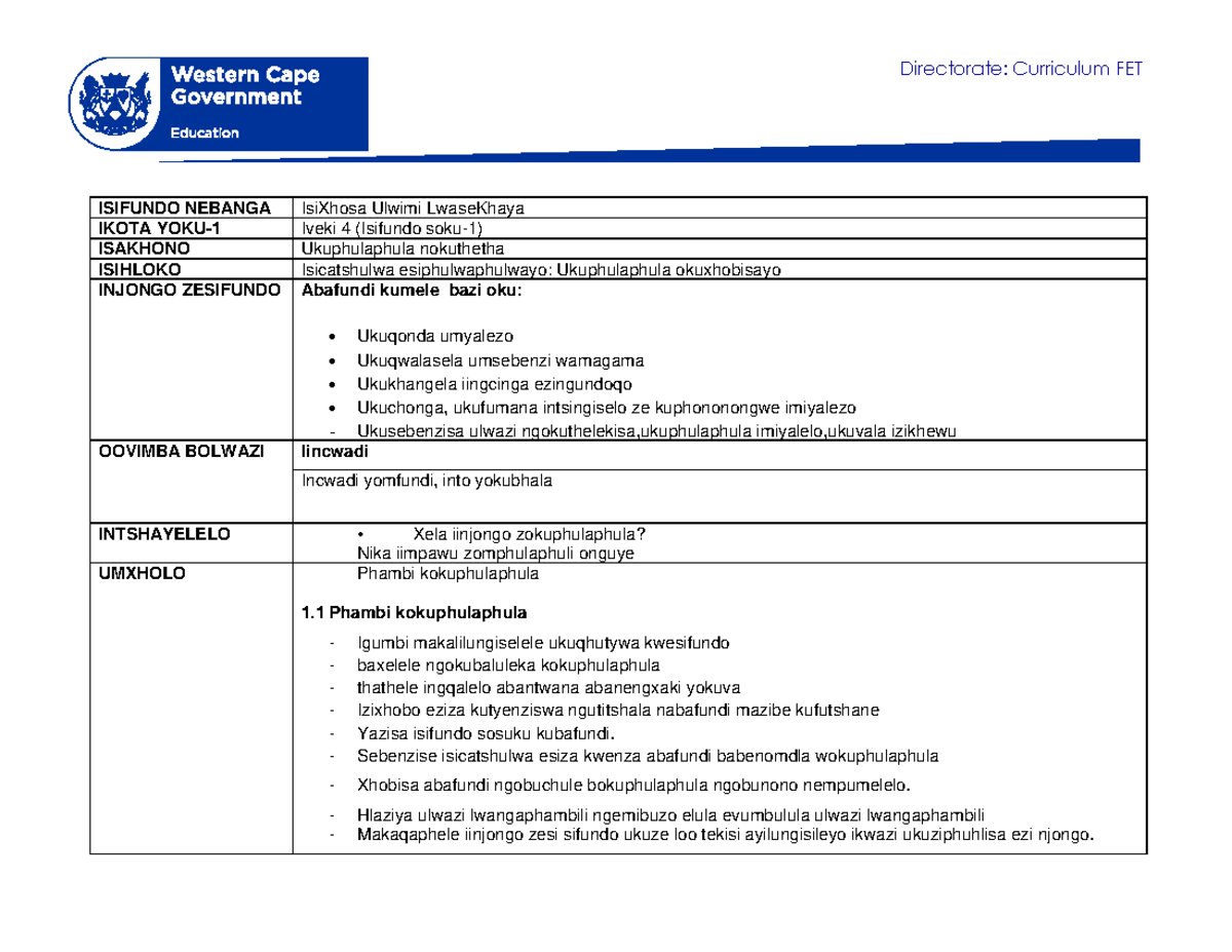 Isi Xhosa HL Grade 10 Term 1 Week 4 2021 - Directorate: Curriculum FET ...