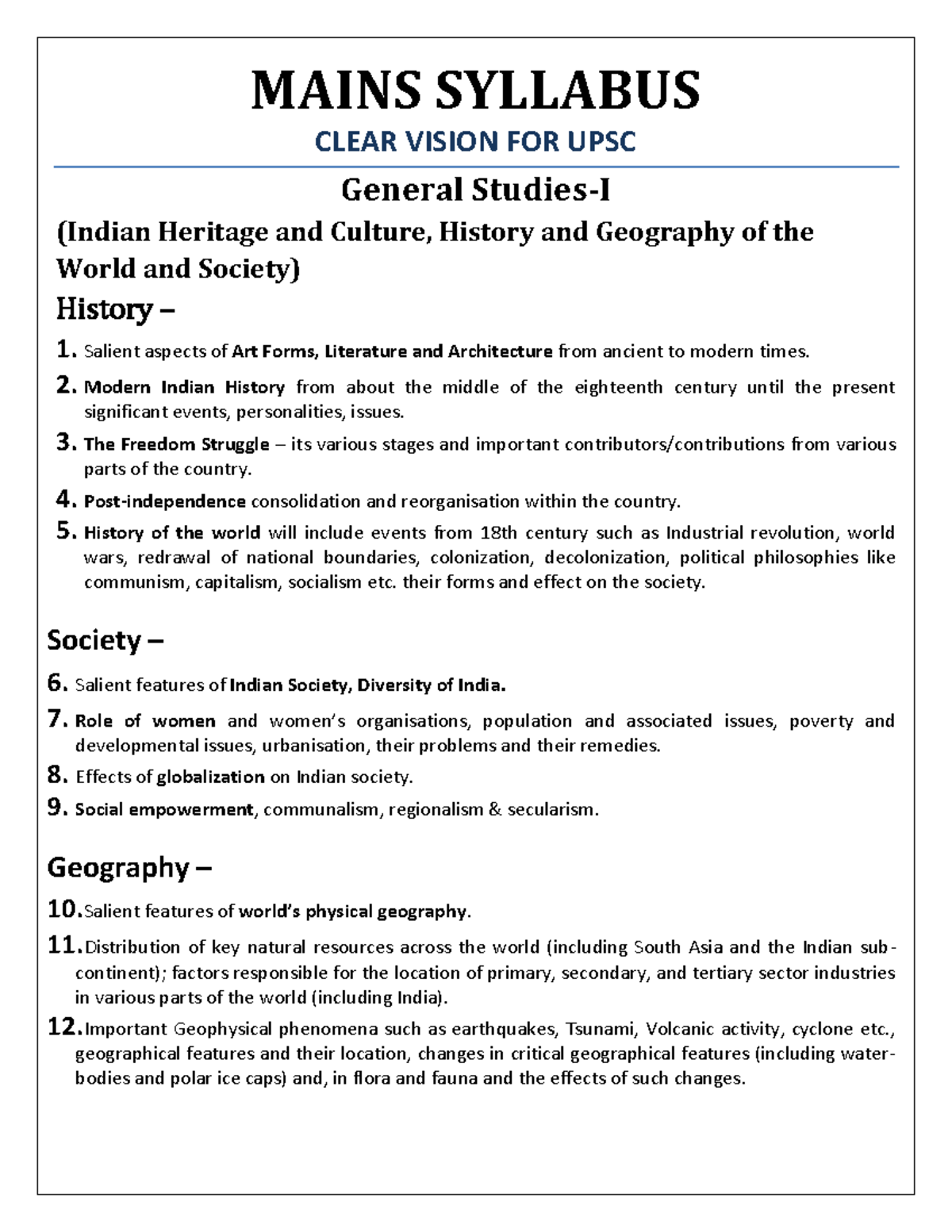 Mains Syllabus - very helpful - MAINS SYLLABUS CLEAR VISION FOR UPSC ...