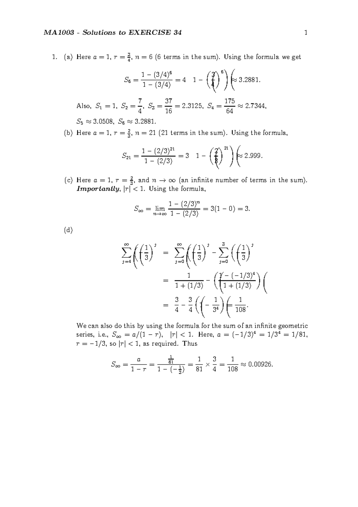 Exercise 34 Solutions - MA1003 - Solutions to EXERCISE 34 1 (a) Here a ...