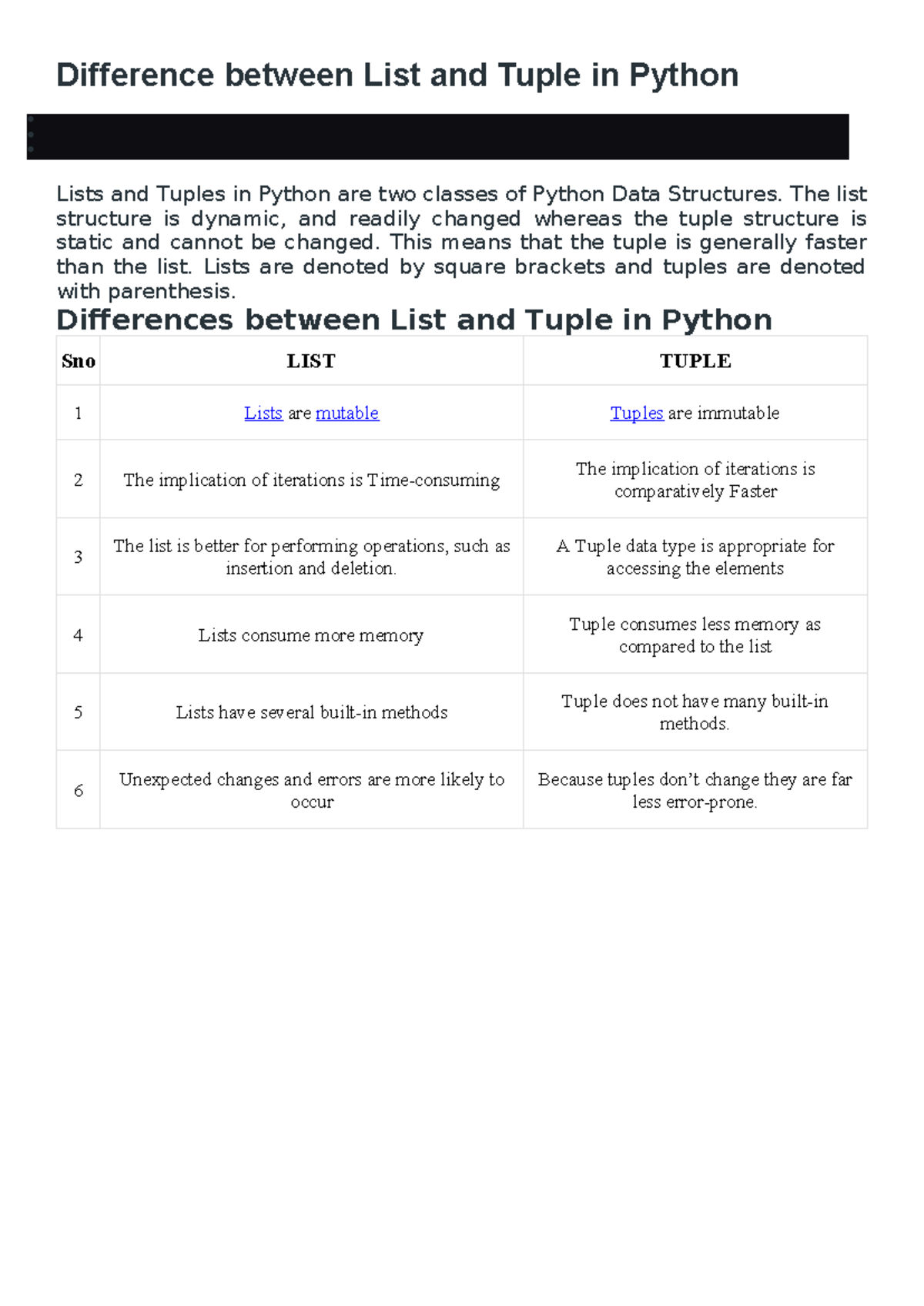 List vs tuple, Methods - Difference between List and Tuple in Python Lists and Tuples in - Studocu