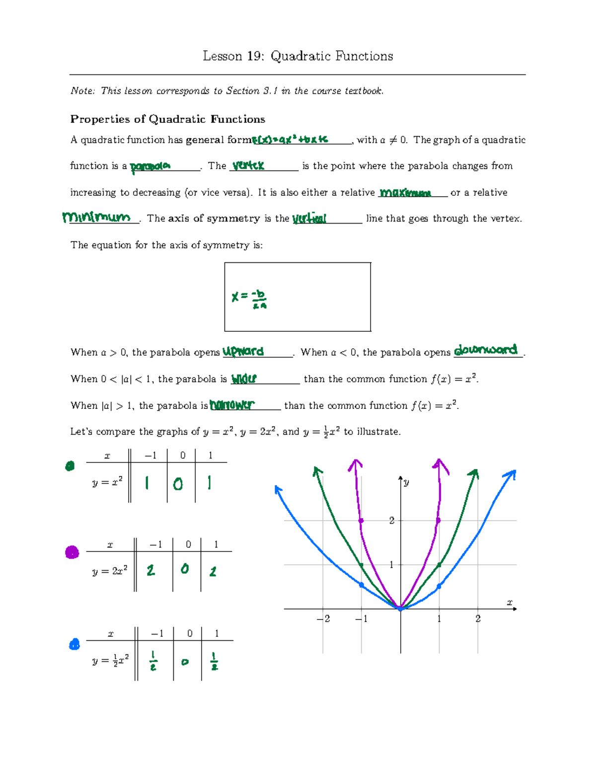 M119 Note-Taking Guide Lesson 19 (JRS) - Lesson 19: Quadratic Functions ...