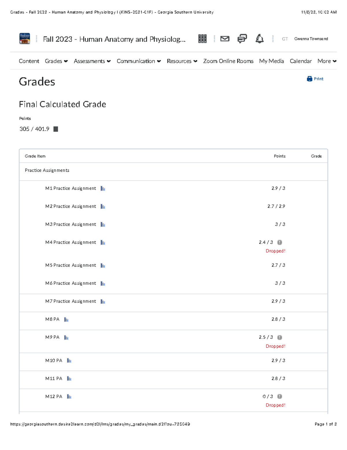 Anatomy - no bye wnoqbvcuowbuc bwuasV [w - Grades - Fall 2023 - Human ...