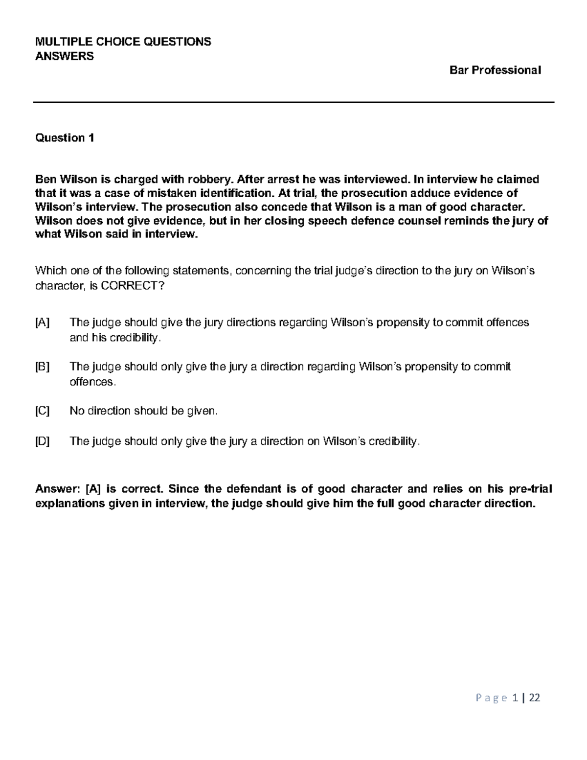 Character - MULTIPLE CHOICE QUESTIONS ANSWERS Bar Professional Question ...