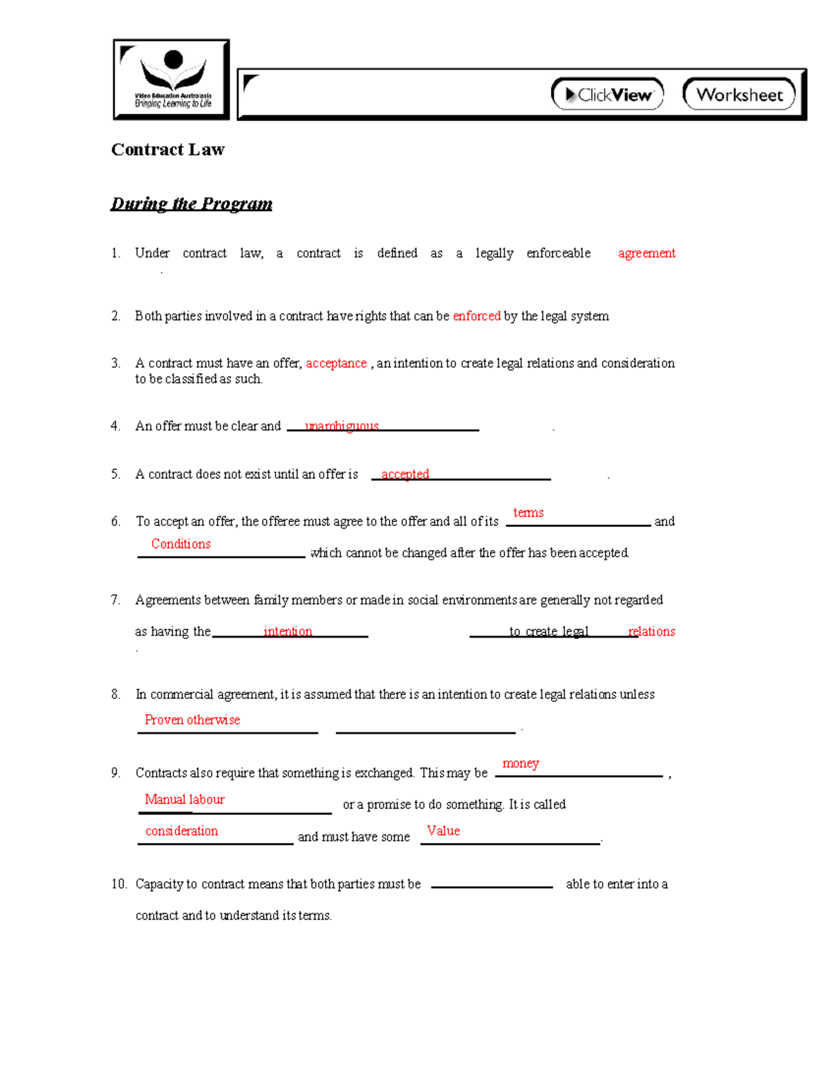 1 Contract Law (video on clickview) worksheet - Contract Law During the ...