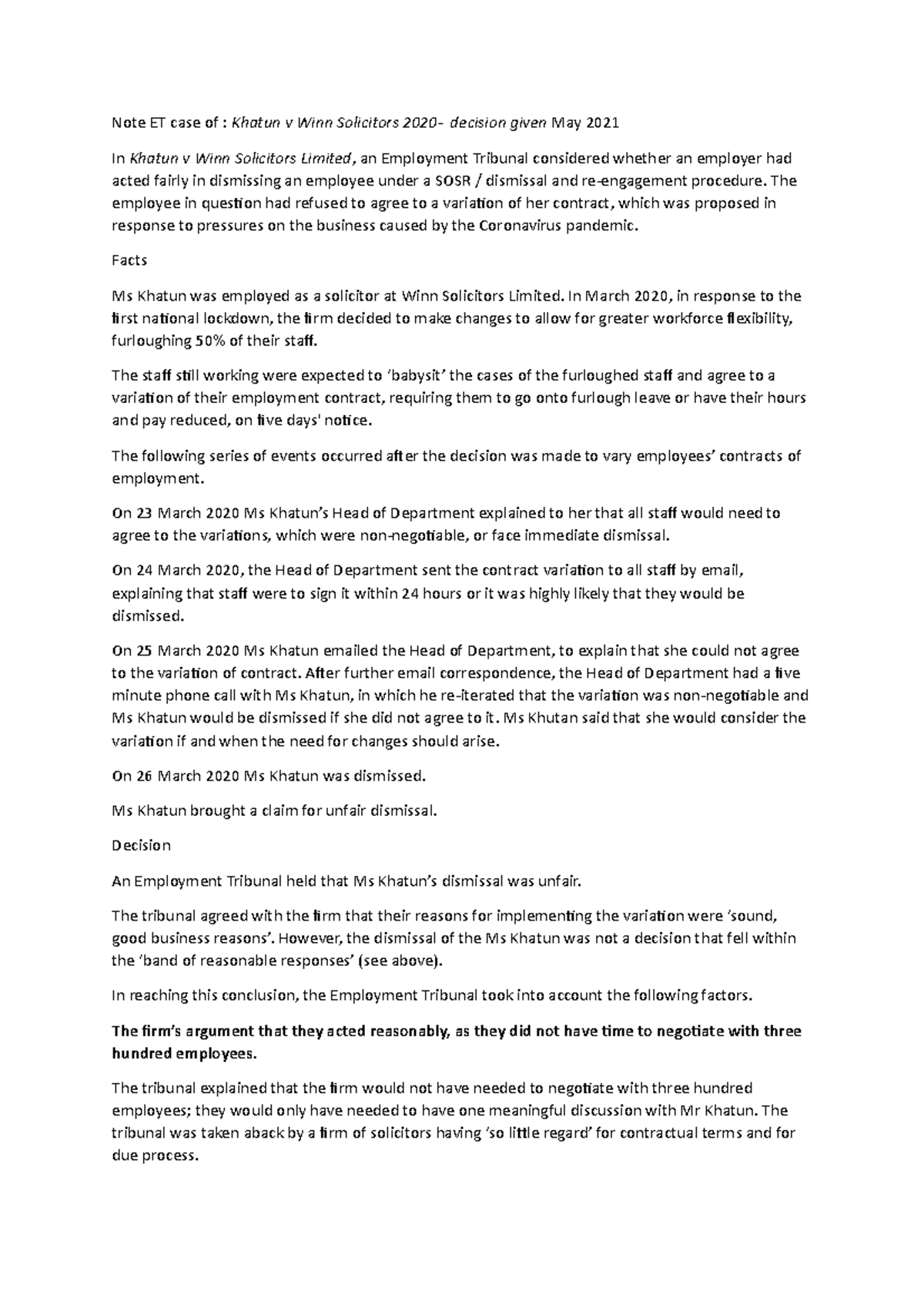 Week 2 session 2 notes setting out the facts of the case of Khatun v ...