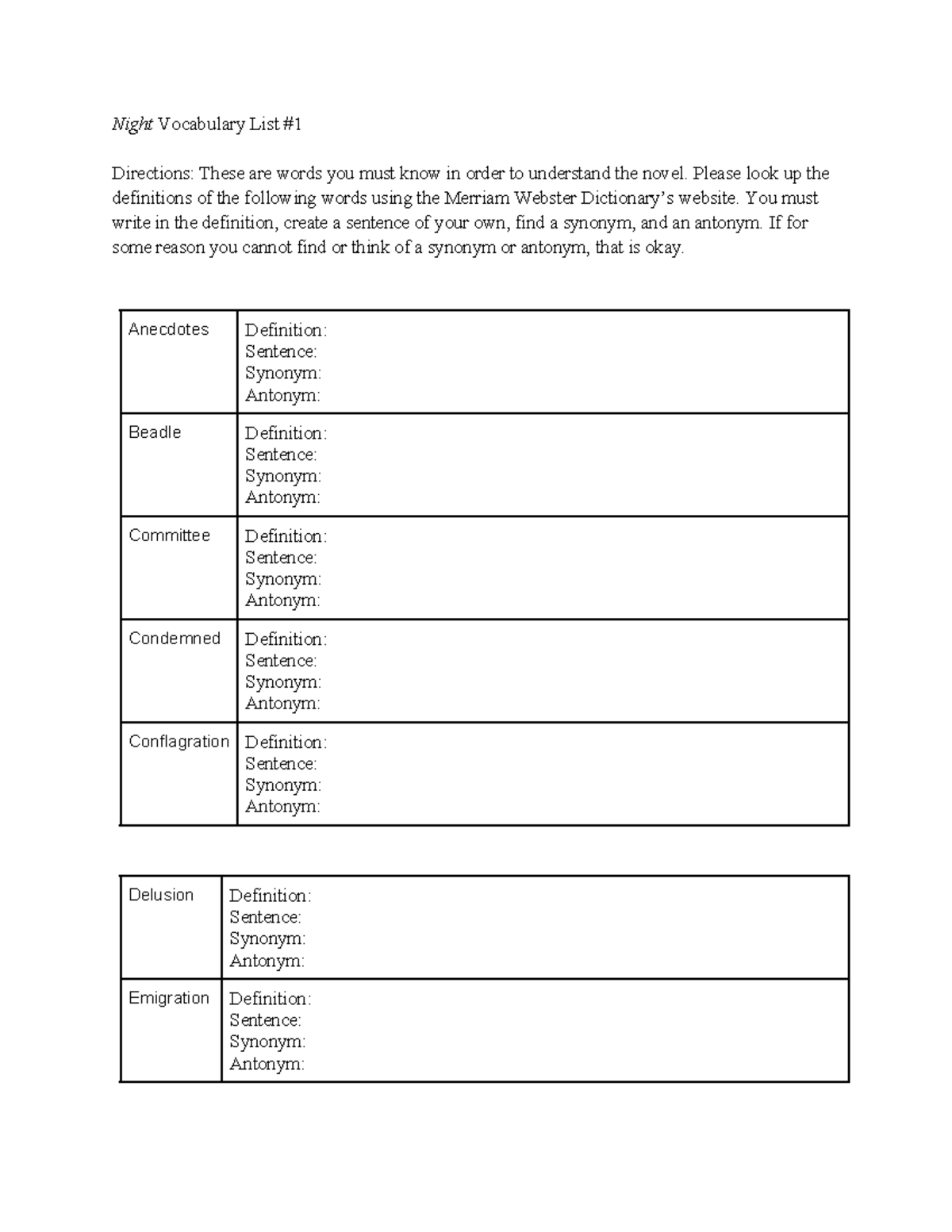 Night Vocabulary List #1 - Night Vocabulary List Directions: These are ...