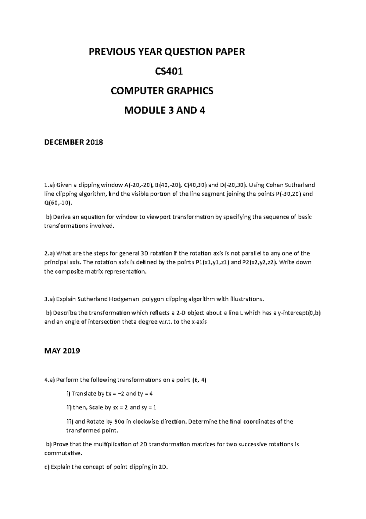Cs401 Pp Prev Qp M3 M4 Computer Graphics Previous Year Question Paper Module 3 And Module 4