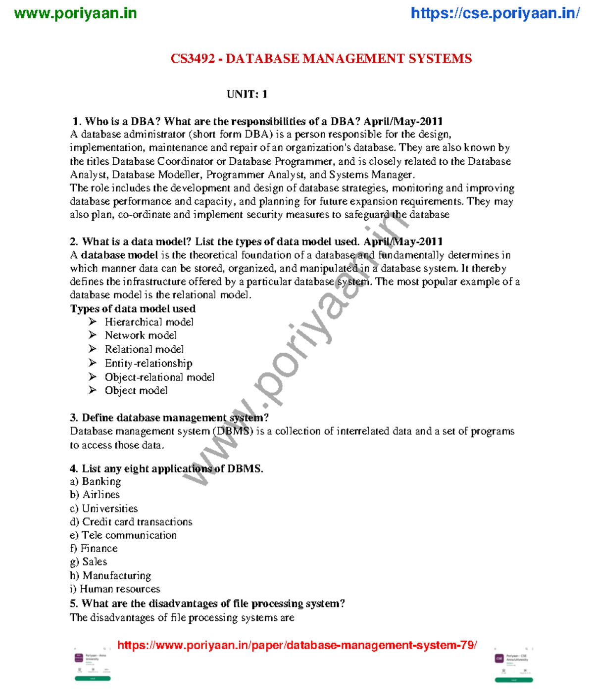 CS3492 DBMS-Important-2-Mark with Answer - CS3492 - DATABASE MANAGEMENT SYSTEMS UNIT: 1 Who is a ...