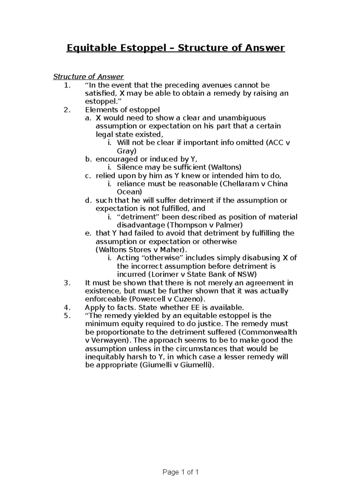 Equitable Estoppel - NOTES - Equitable Estoppel – Structure of Answer ...