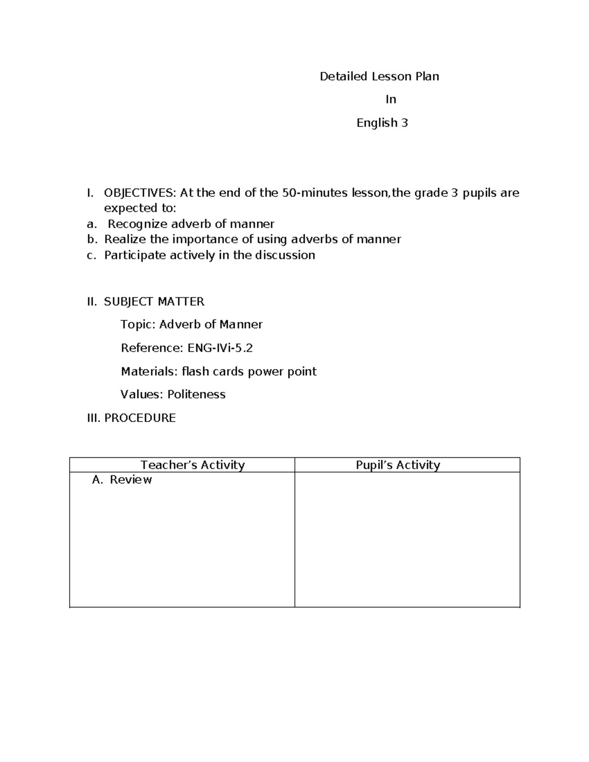 Detailed lesson plan - Bachelor of Elementary Education - Detailed ...