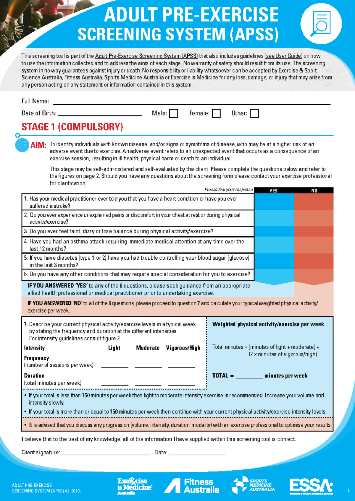 Adult PRE- Exercise Screening System (APSS) Final - ADULT PRE-EXERCISE ...