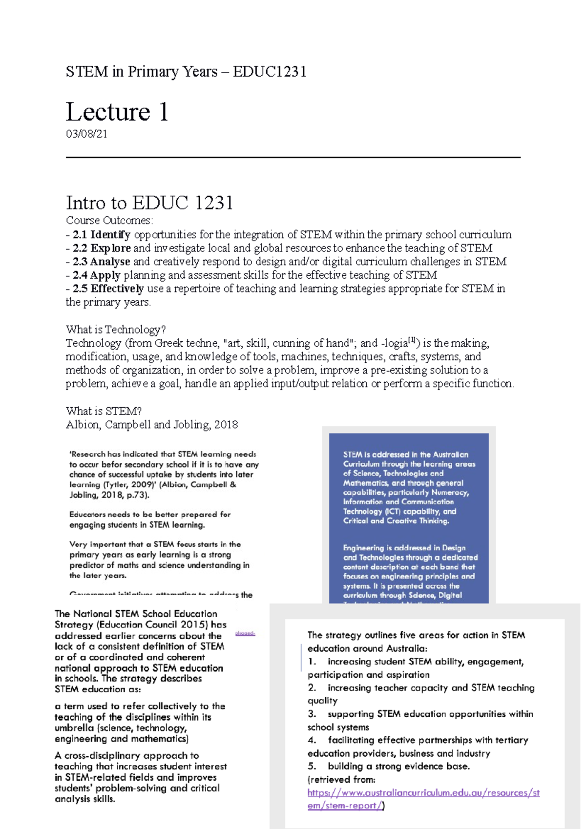 STEM Lecture Notes - STEM in Primary Years – EDUC Lecture 1 03/08 ...