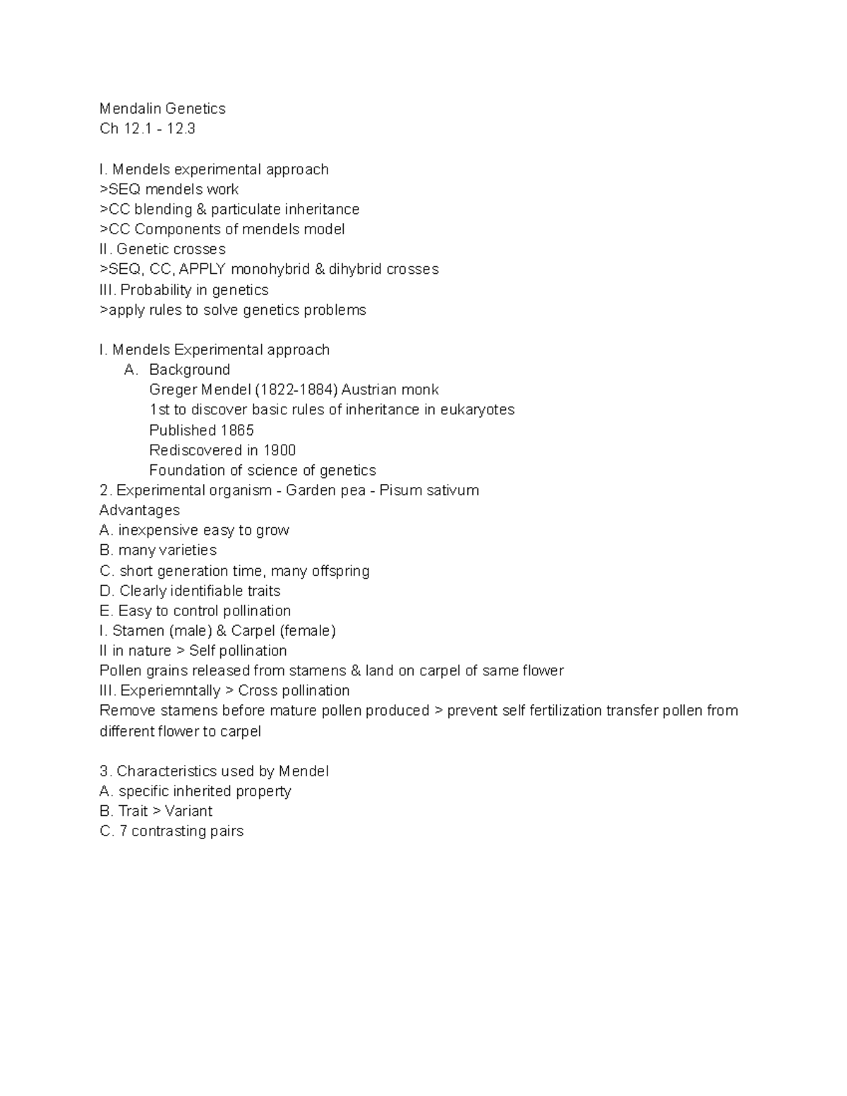 Mendalin Genetics - full notes - Mendalin Genetics Ch 12 - 12. I ...