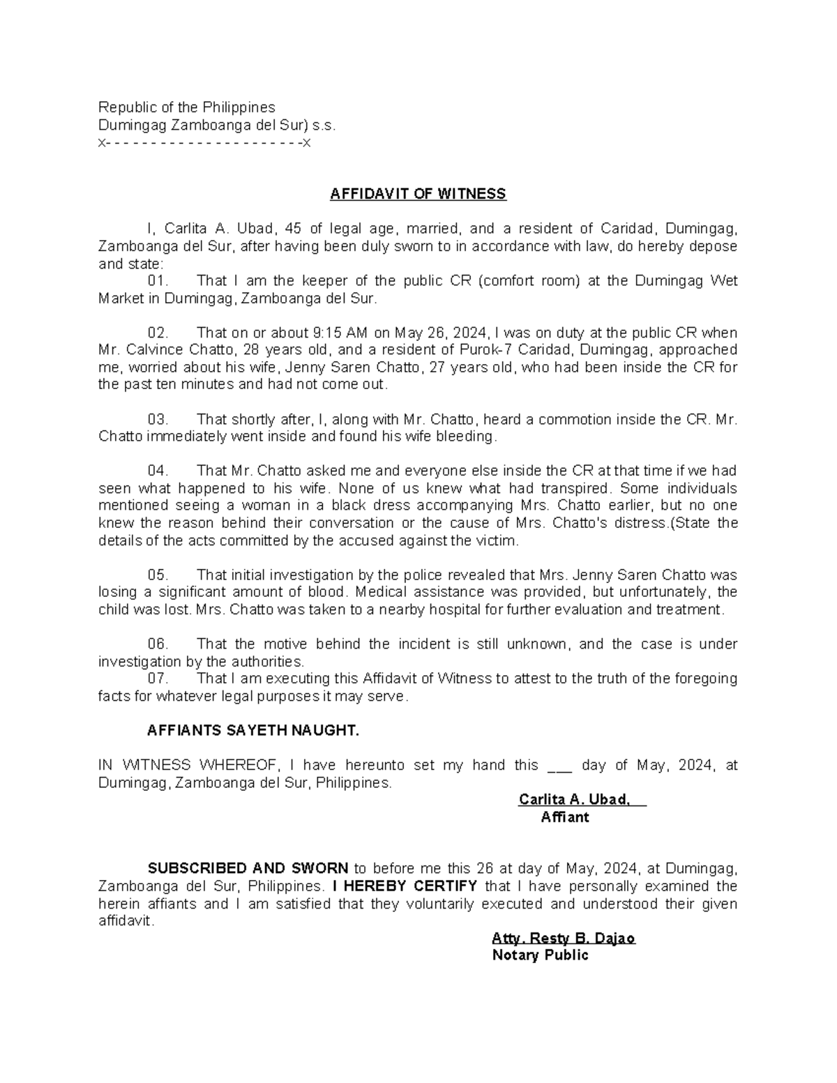 Affidavit of Witness format - Republic of the Philippines Dumingag ...