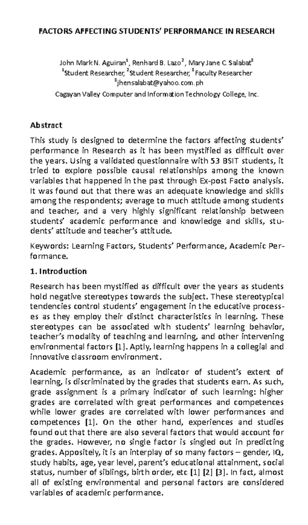 Factors Affecting Students Performance I - FACTORS AFFECTING STUDENTS’ PERFORMANCE IN RESEARCH ...