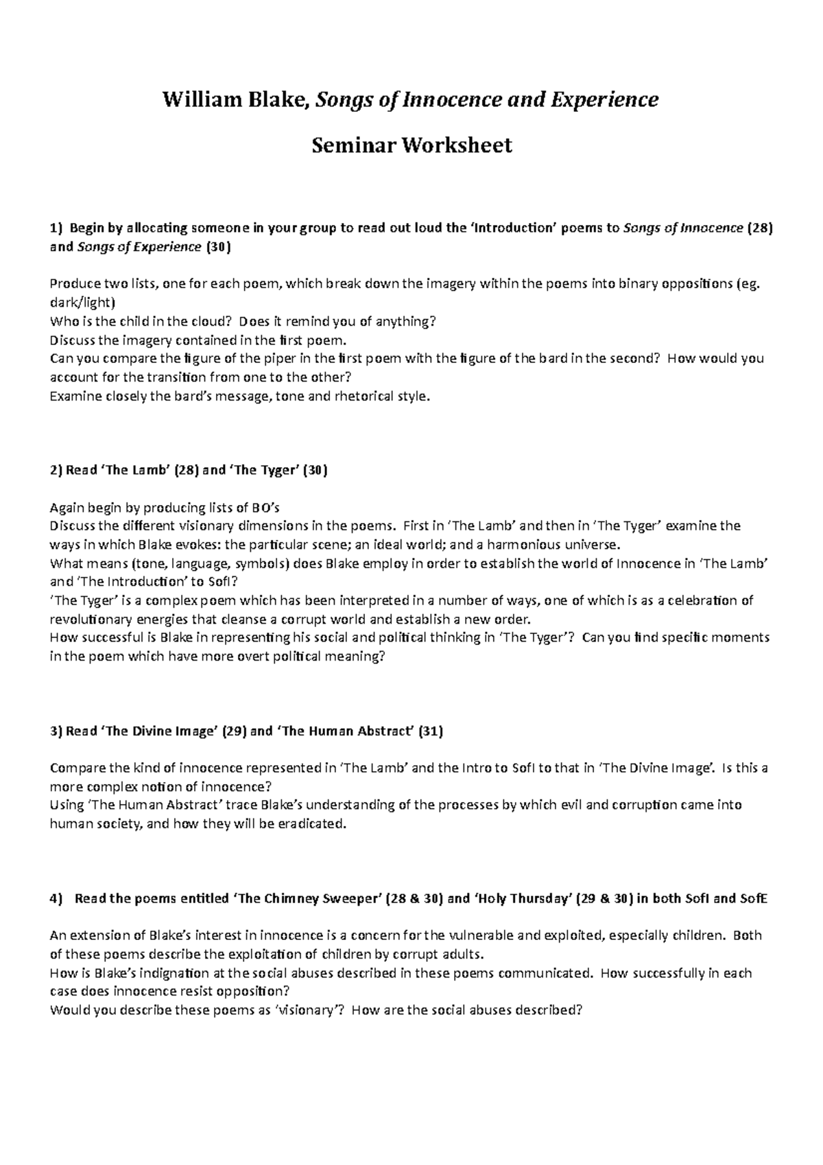 Blakewk Worksheet - William Blake, Songs of Innocence and Experience ...