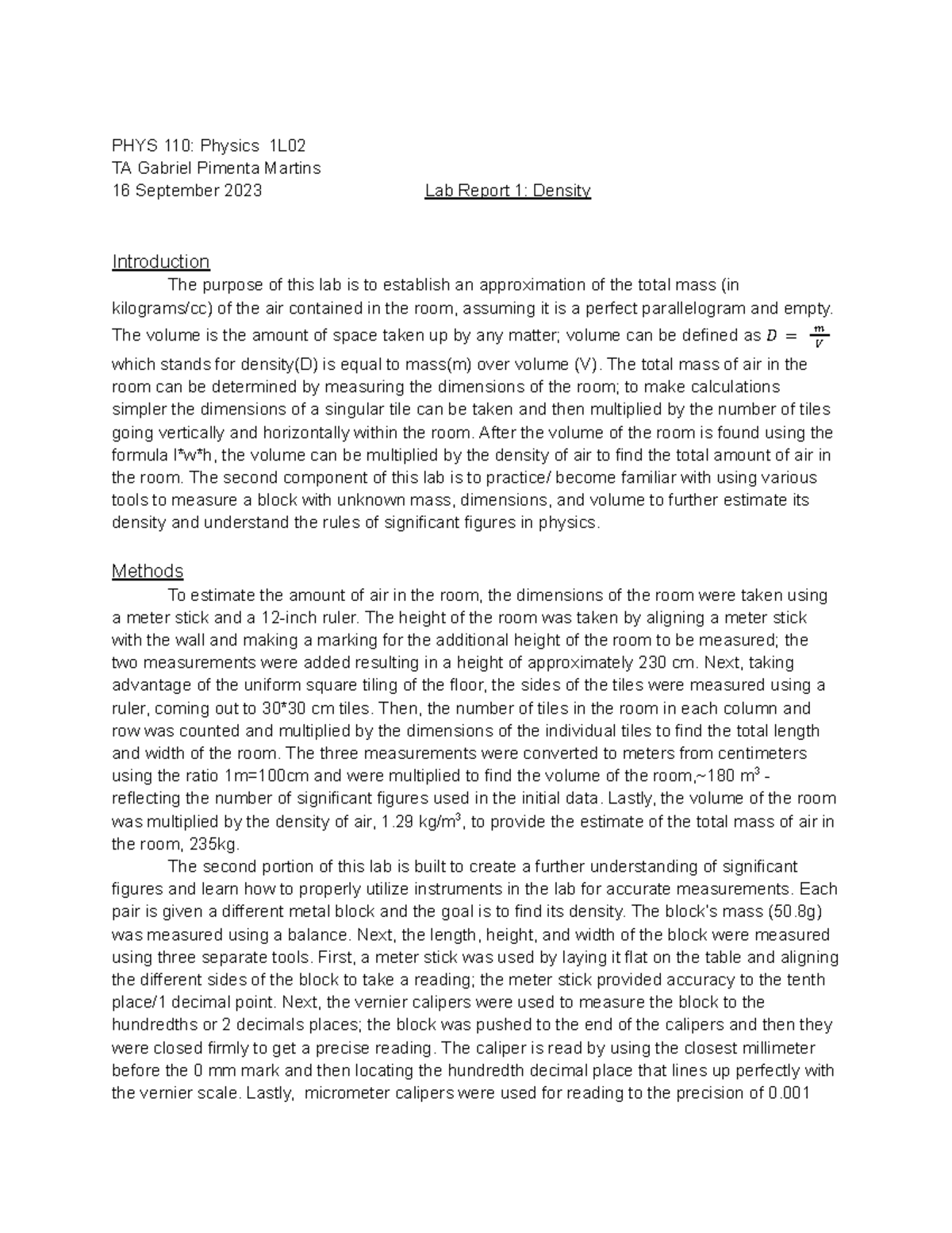 PHYS 110 Lab 1 - Physics lab 1 - PHYS 110: Physics 1L TA Gabriel ...