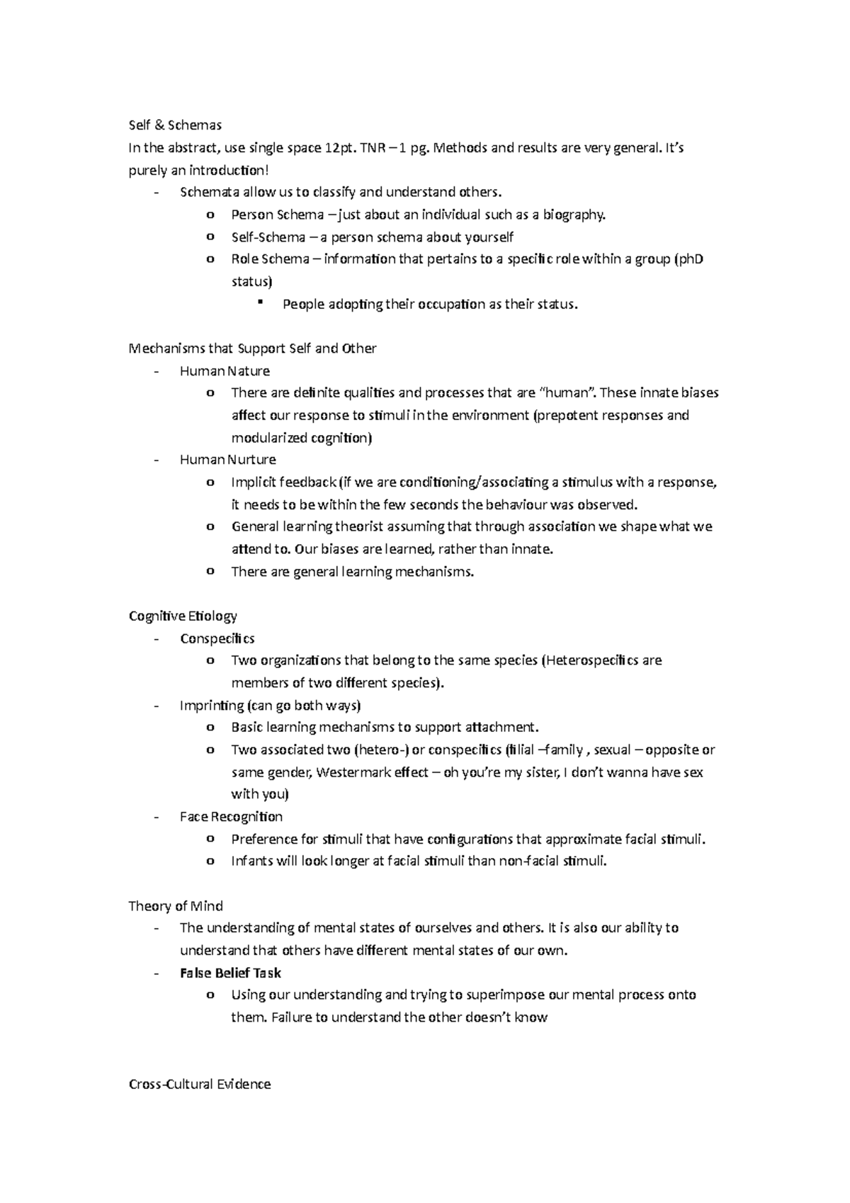 PSYC3102 End-of-Semester Summary - Self Schemas In the abstract, use ...