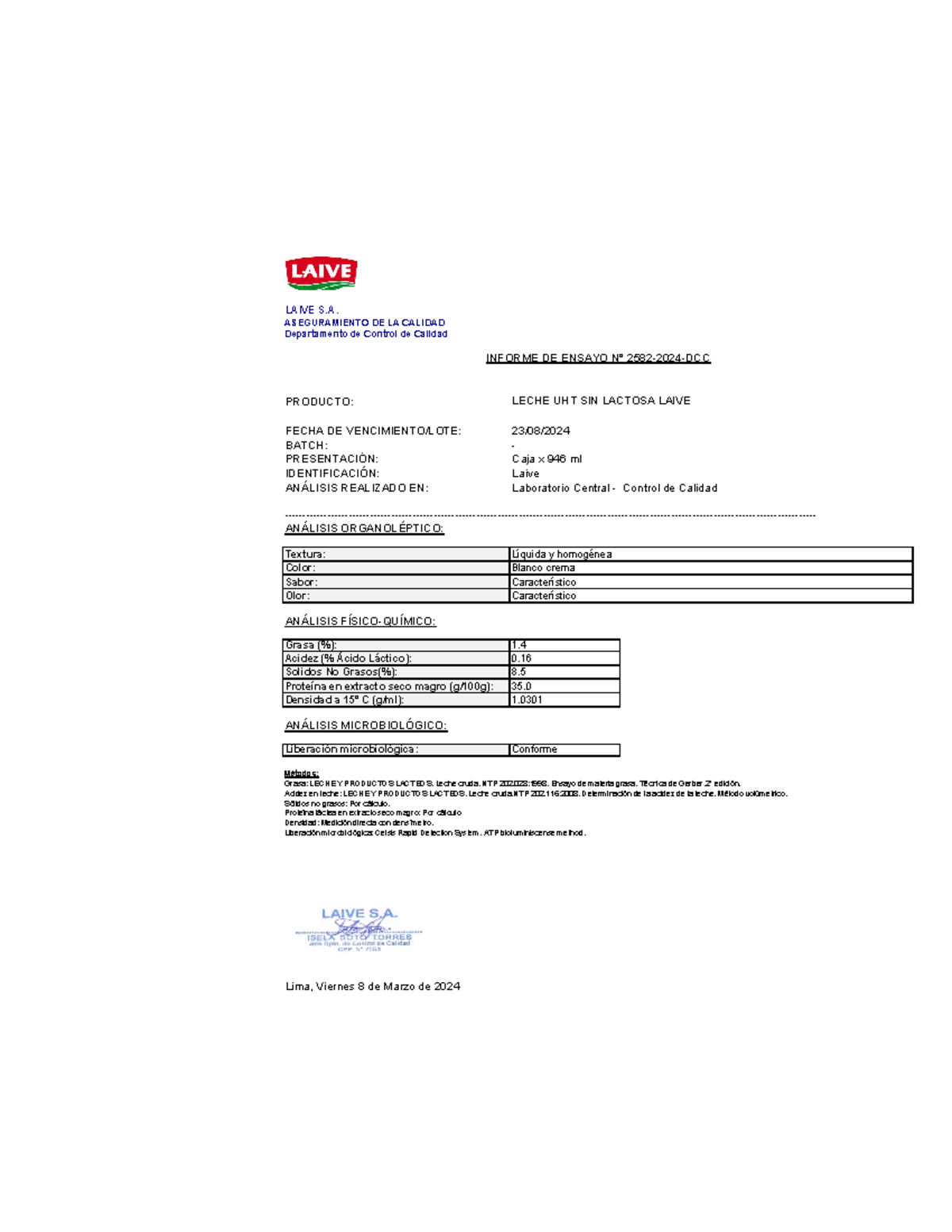 Leche Laive 0% Lactosa 946ml FV 23.08.24 - LAIVE S. ASEGURAMIENTO DE LA ...