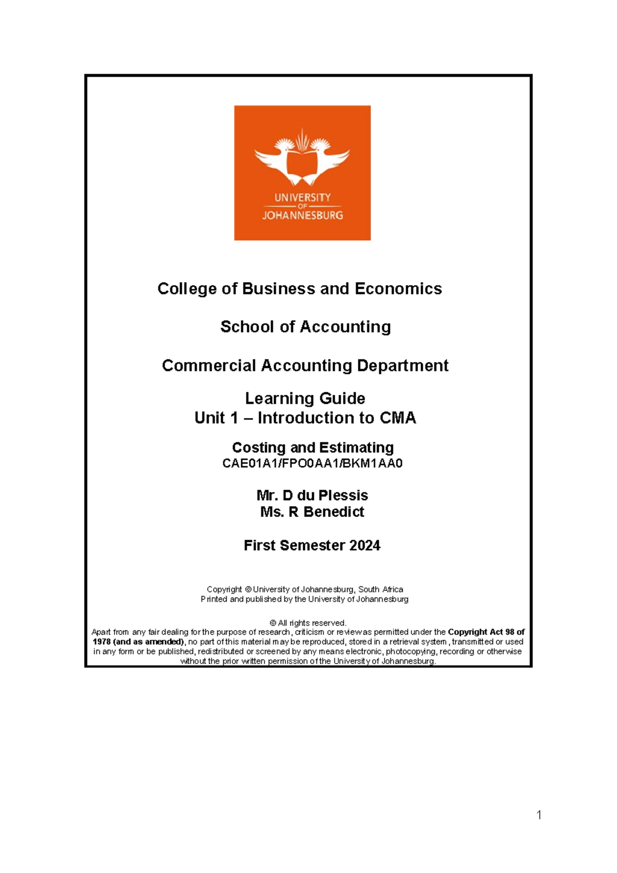 Unit 1 - Introduction to CMA Learner Guide - College of Business and Economics School of ...