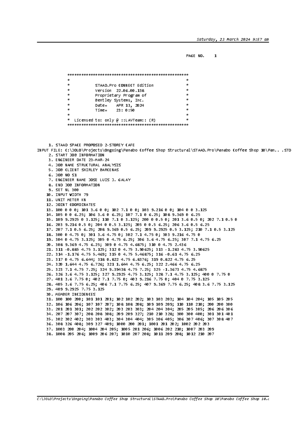 Staad Analysis Results - PAGE NO. 1