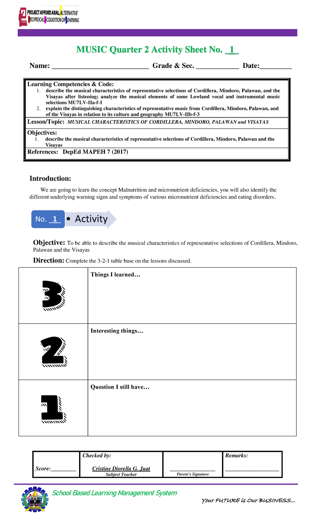 Mapeh Activity Sheets - School Based Learning Management System Your ...