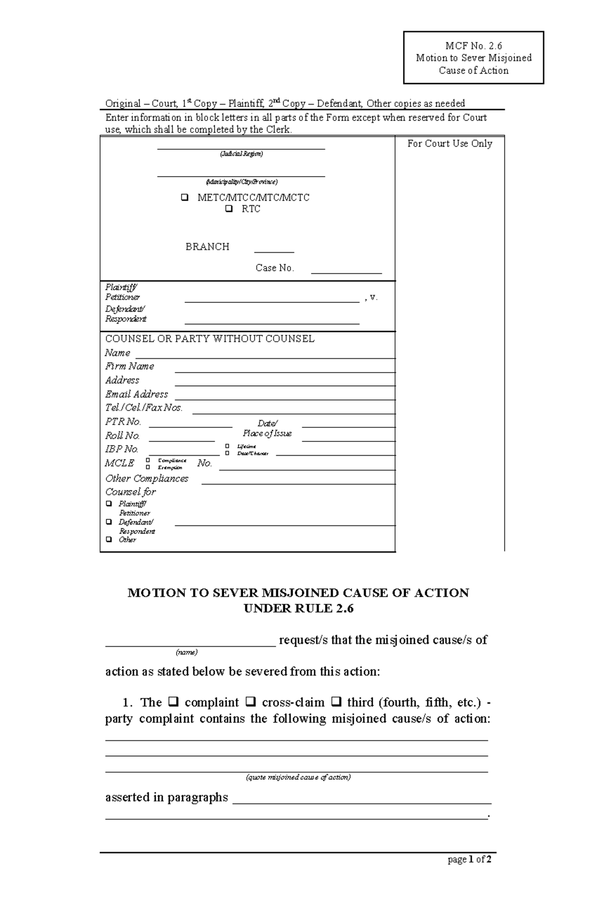MCF 2.6 Motion to Sever Misjoined Cause of Action - MCF No. 2. Motion ...