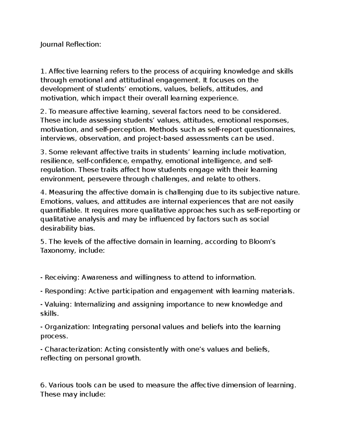 Journal Reflection - Journal Reflection: Affective learning refers to ...