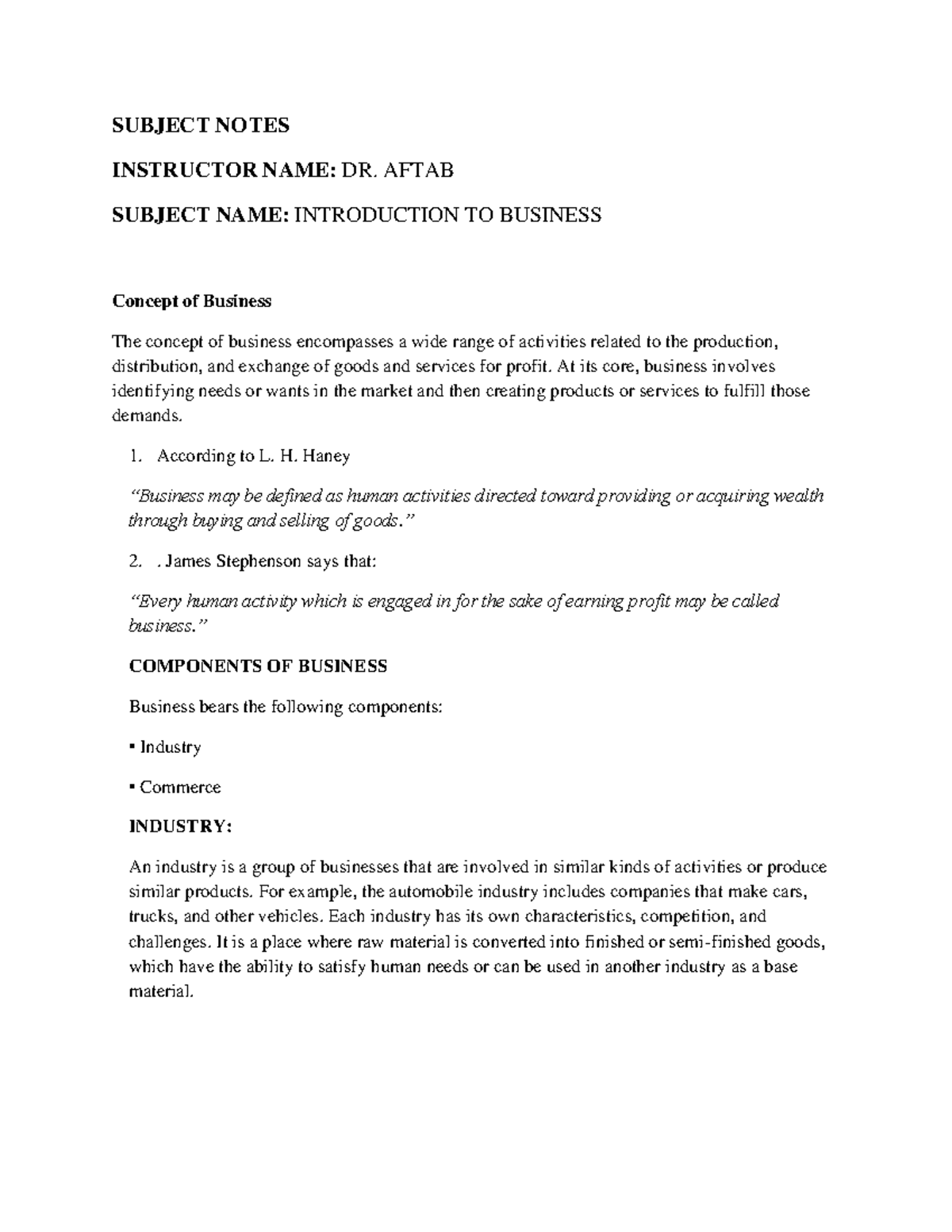 Introduction to Business Notes 1. - SUBJECT NOTES INSTRUCTOR NAME: DR ...
