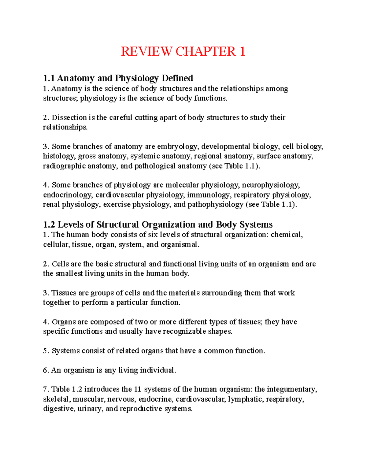 Review Chapter 1 Lecture Introduction To Human Body REVIEW CHAPTER 