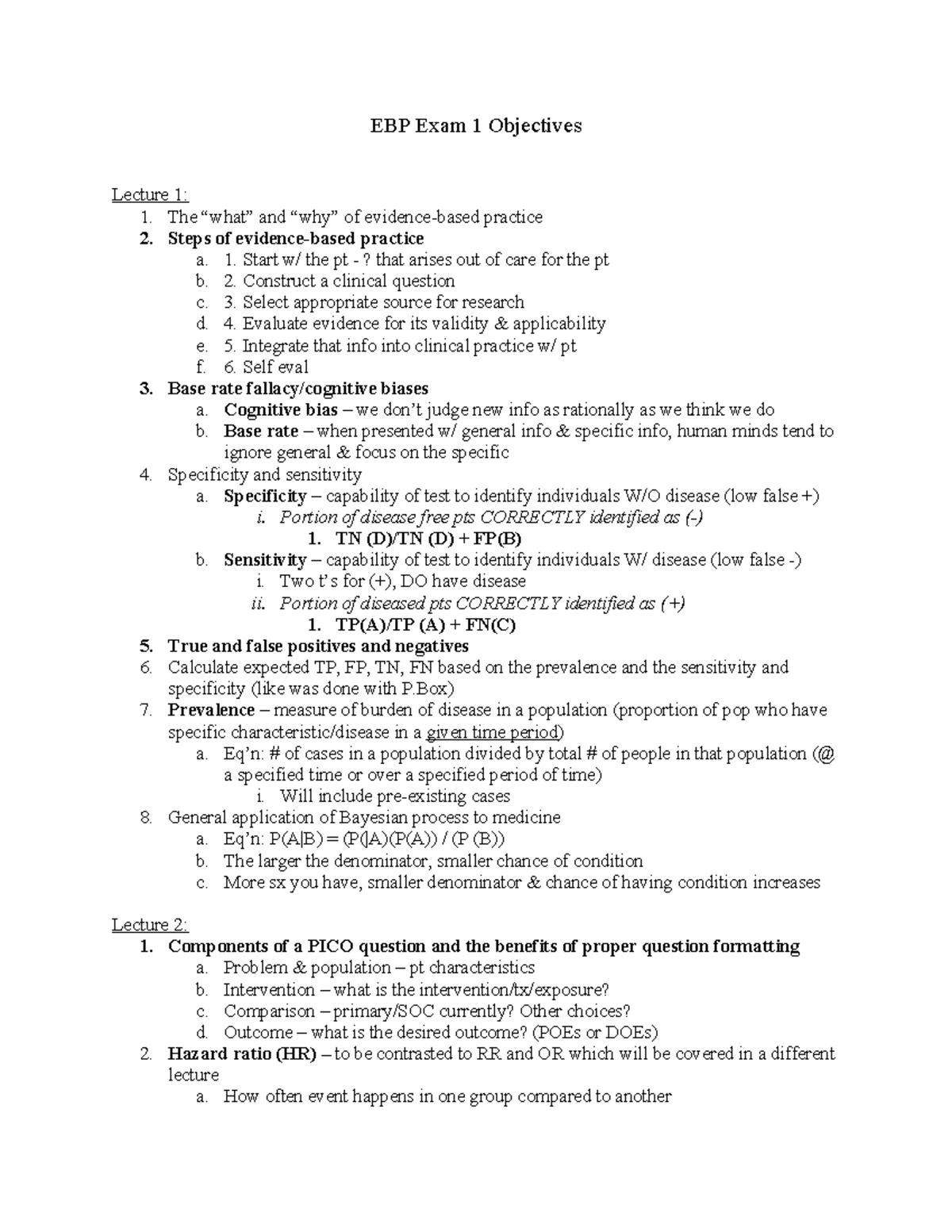 EBP Exam 1 Objectives - ebp - EBP Exam 1 Objectives Lecture 1: 1. The “what” and “why” of - Studocu