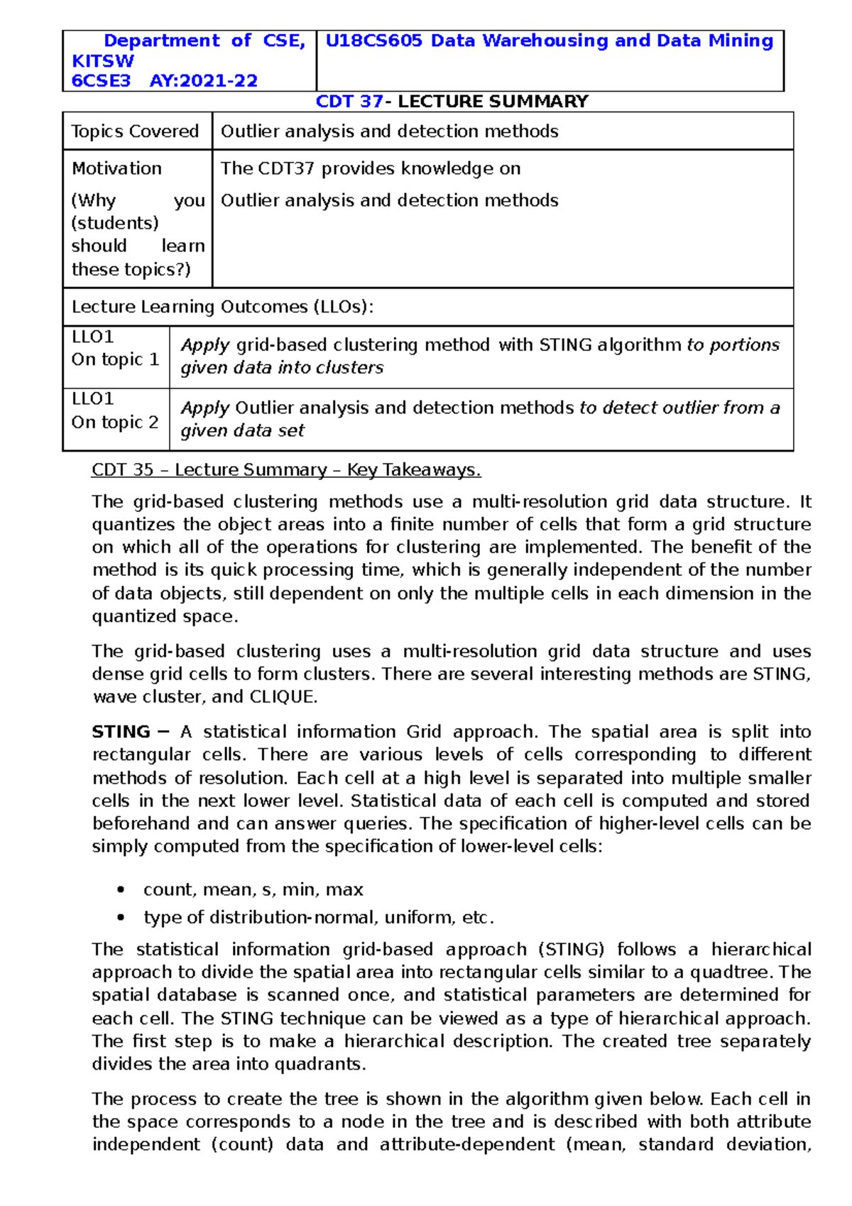 Data Mining 6 Notes Kitsw 6cse3 Ay2021 Cdt 37 Lecture Summary