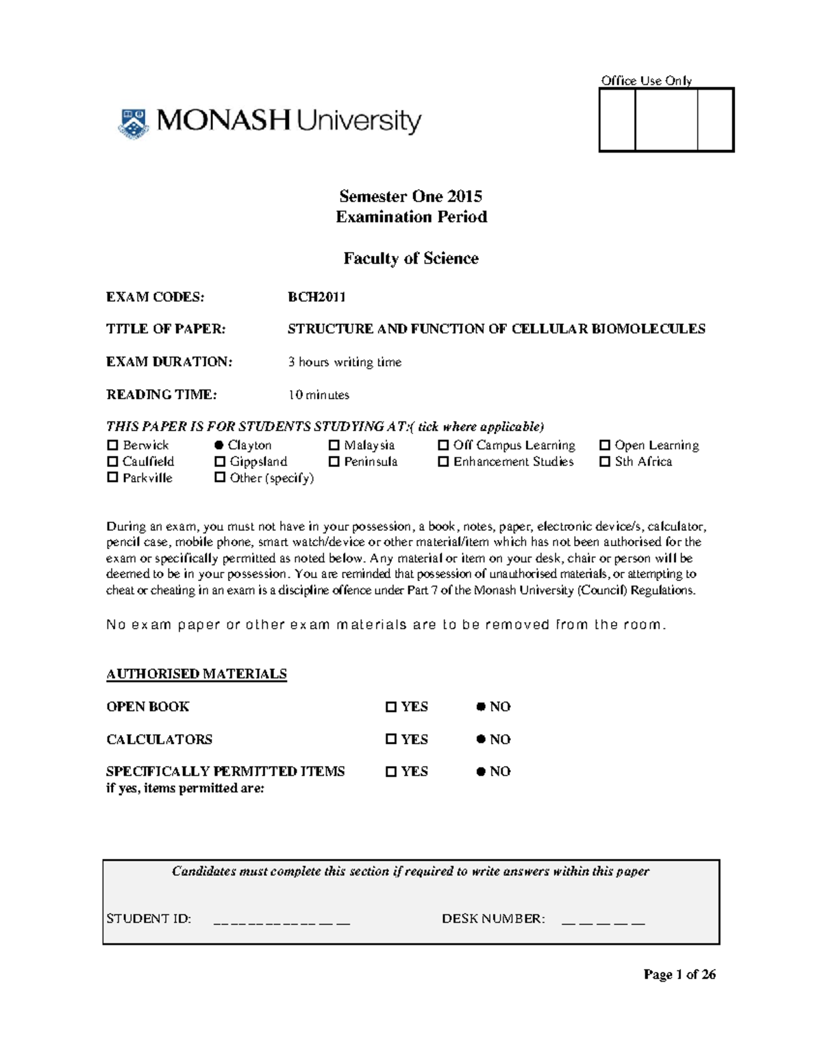Sample/practice exam 10 June 2016, questions - Office Use Only Semester ...