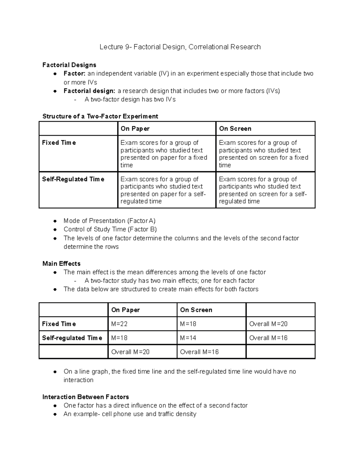 Lecture 9 +10 Notes - Lecture 9- Factorial Design, Correlational ...