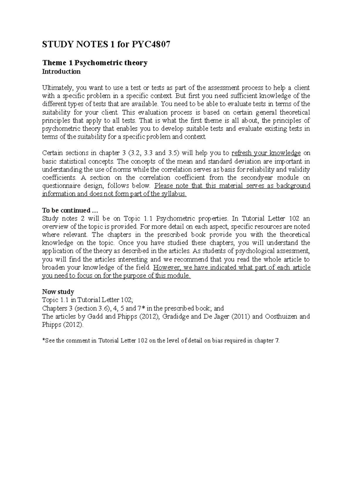 Study Notes 1 for PYC4807 - STUDY NOTES 1 for PYC Theme 1 Psychometric ...