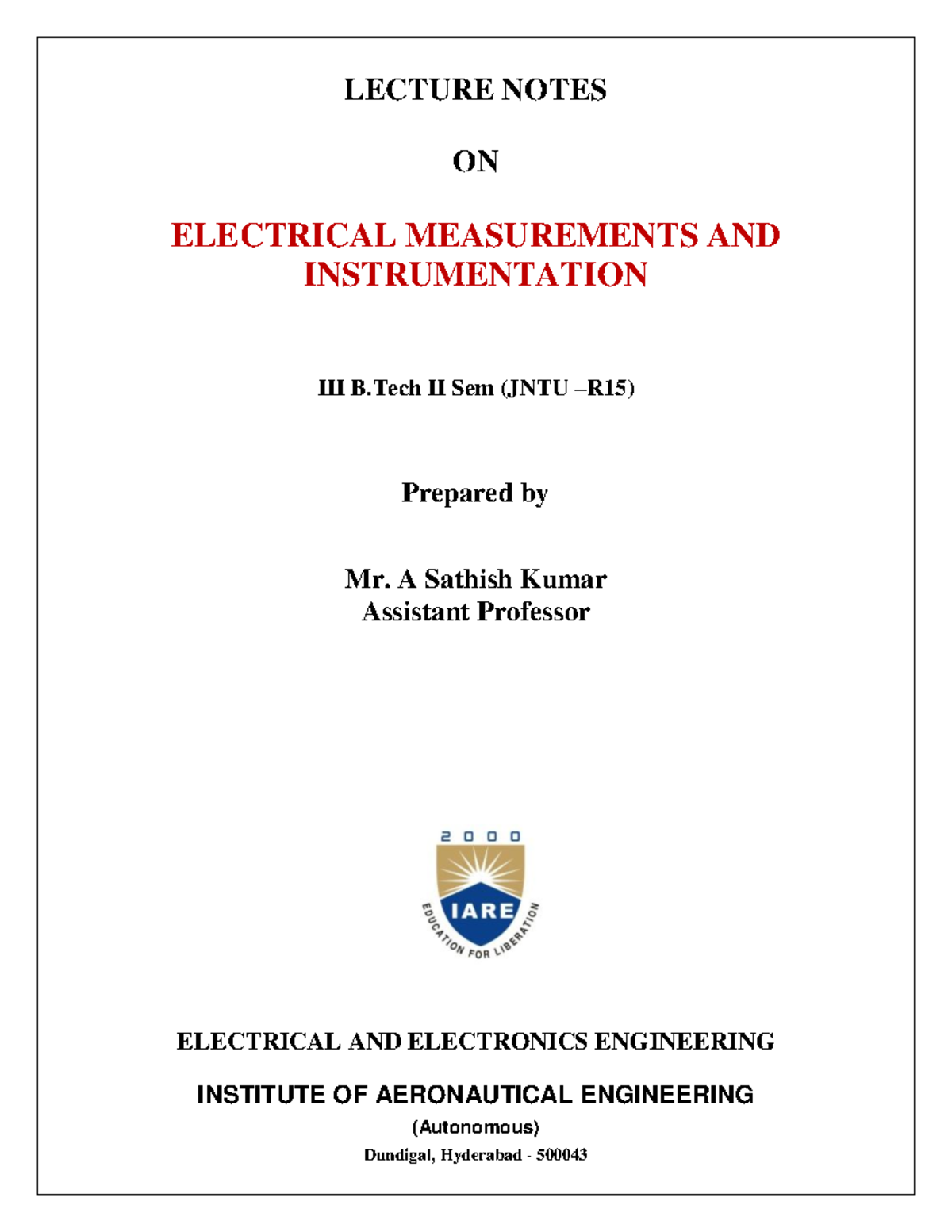 Iare Eei Lecture Notes Lecture Notes On Electrical Measurements And