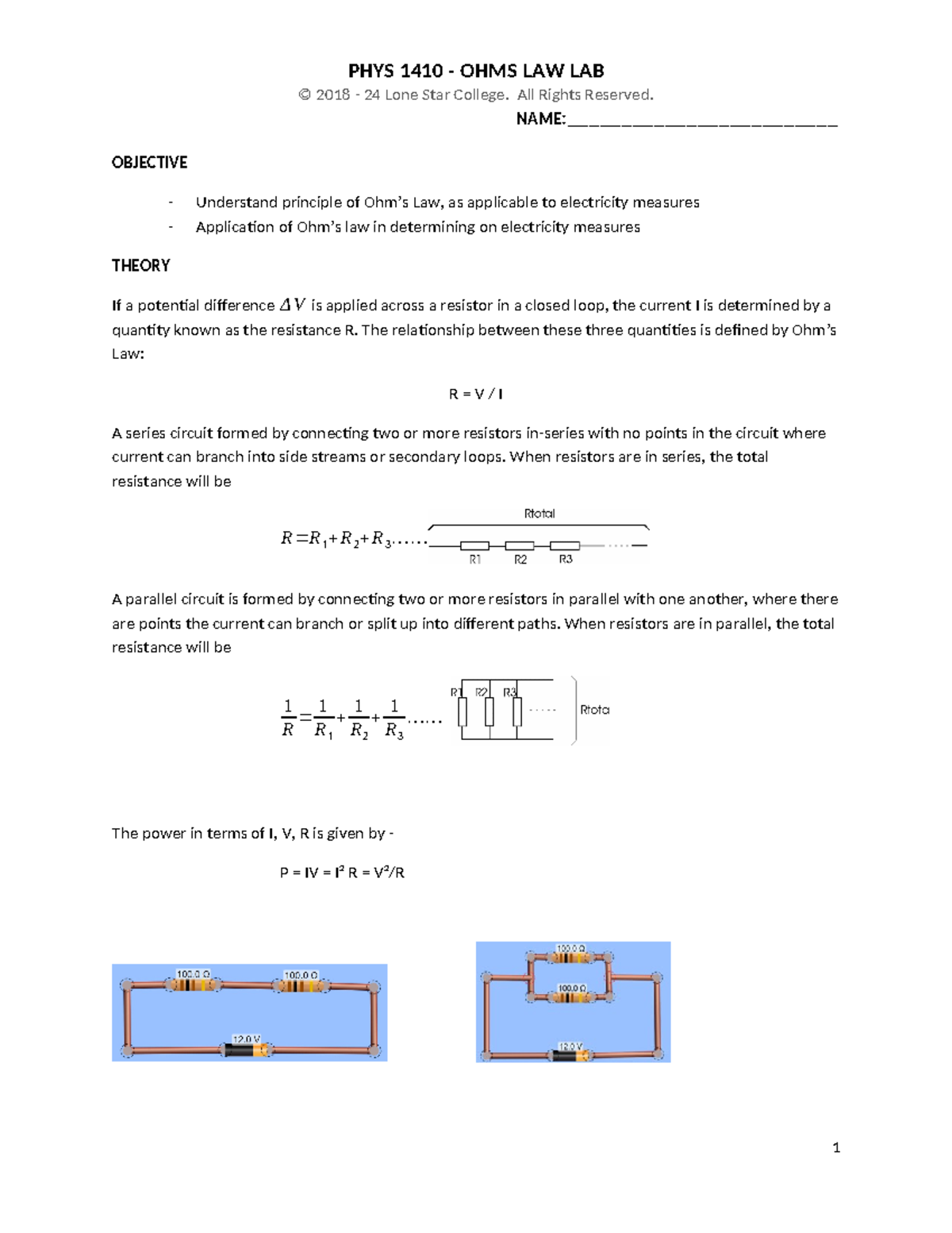 Ohms Law Lab 9 - © 2018 - 24 Lone Star College. All Rights Reserved ...